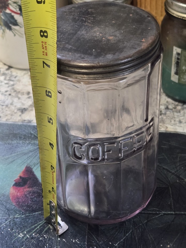 NICE AMETHYST COLORED HOOSIER COFFEE JAR W/LID 12 SIDED 1910'S ERA. 7 ...