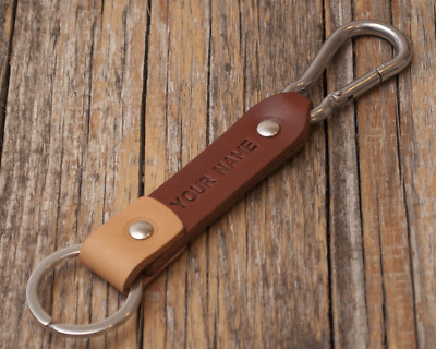 Tan and Dark Brown Leather Key Chain, Personalized Carabine Holder | eBay