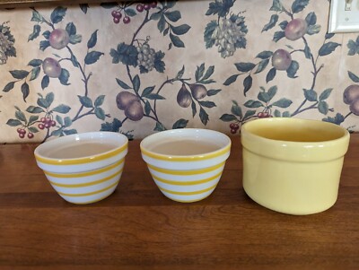 3-VINTAGE YELLOW STRIPE POTTERY POTS - CRATE AND BARREL, HAGER SOLID ...