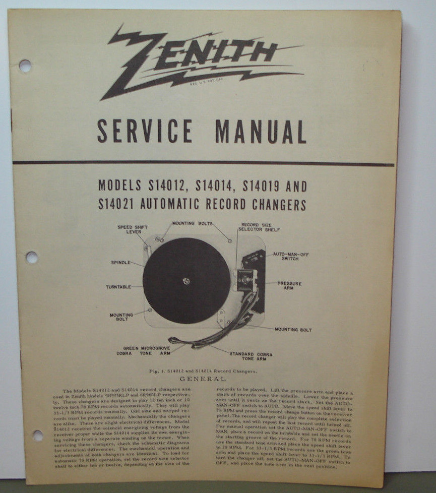 ZENITH SERVICE MANUAL RECORD CHANGERS S14012 S14014 S14021 | eBay