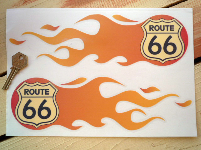 ROUTE 66 FLAME Style STICKERS 6" Pair Classic Car Hot Rod Drag ...