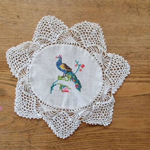 Handmade Vintage Cross Stitched Peacock Doily | eBay