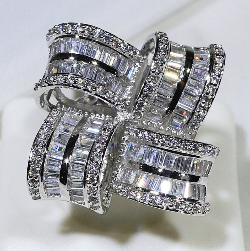 18k White Gold Filled Bow Big Index Ring made w Swarovski Crystal Stone ...