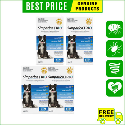 SIMPARICA TRIO Blue Heartworm Flea Control 3,6,12 Chews for 10.1 to 20 ...