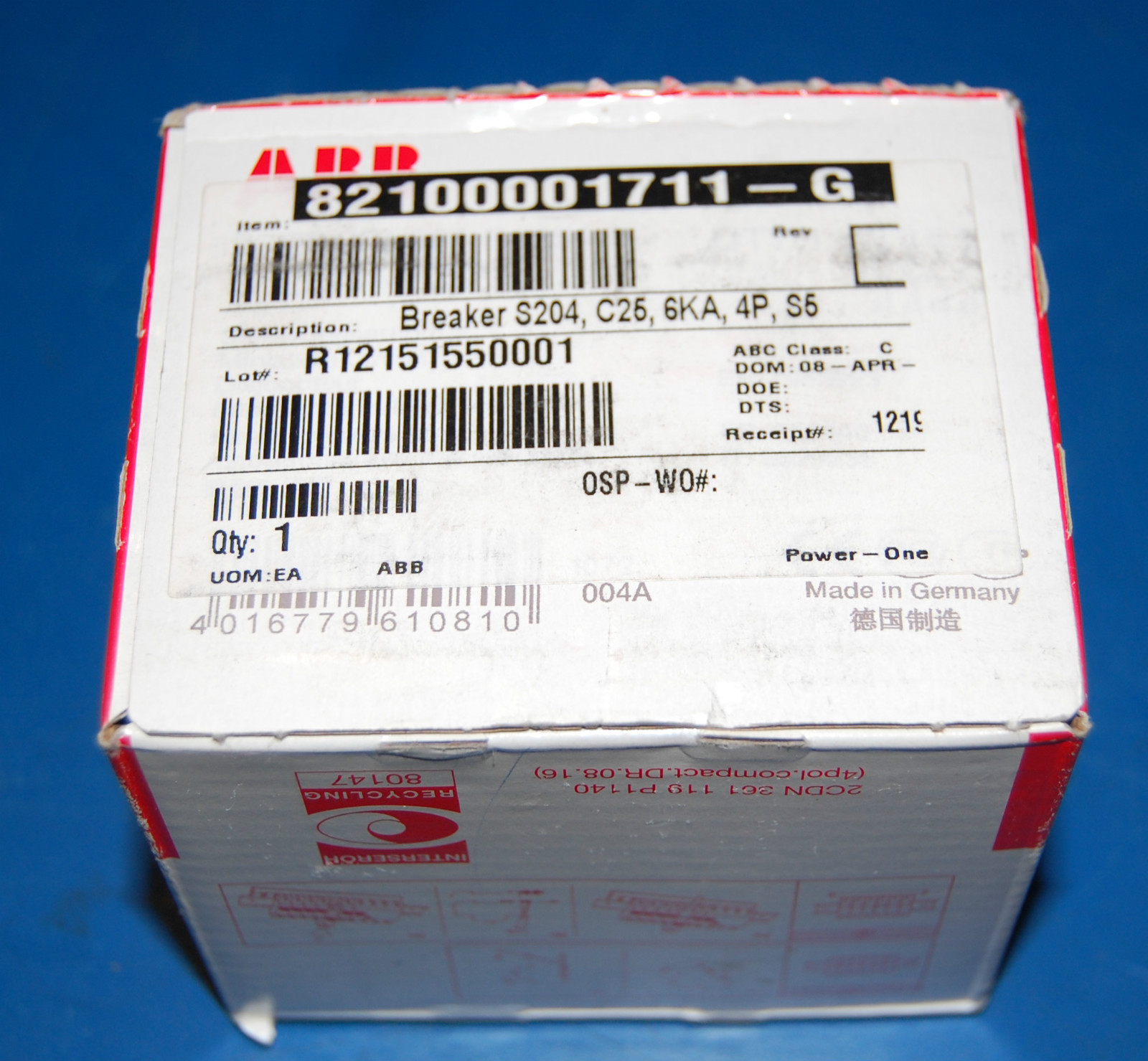 ABB 82100001711-G Circuit Breaker (S204, C25, 6KA, 4P, S5) | eBay