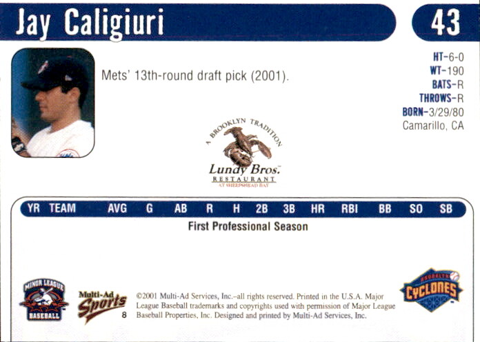 2001 Brooklyn Cyclones Multi-Ad #8 Jay Caligiuri Camarillo California ...
