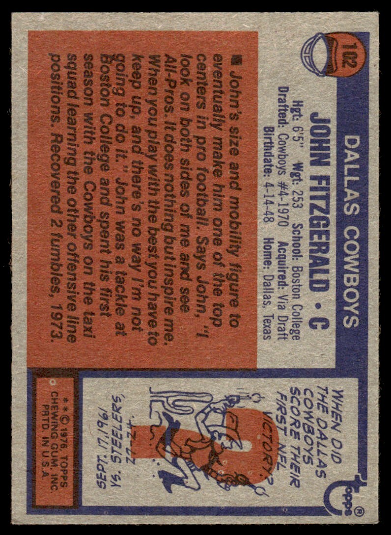 1976 TOPPS JOHN FITZGERALD DALLAS COWBOYS #102 | eBay