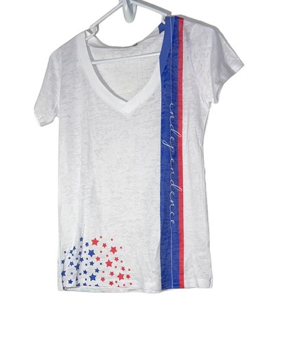 Whimsy Rose Sheer Burnout V Neck T Shirt Sz S White Red Blue Stars ...