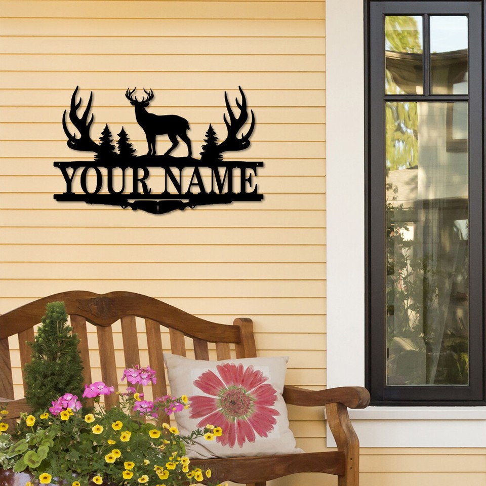 Personalized Buck Antler Metal Signs, Rustic Pine Forest Deer Patio ...