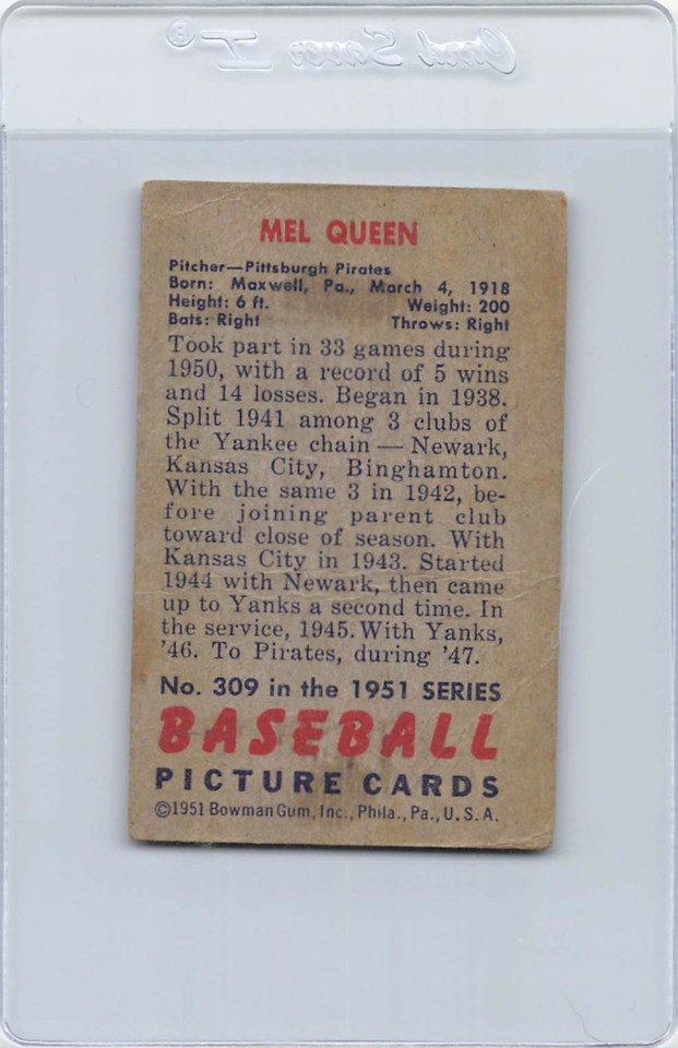 1951 Bowman #309 Mel Queen Pirates Poor *DA-B6385 | eBay