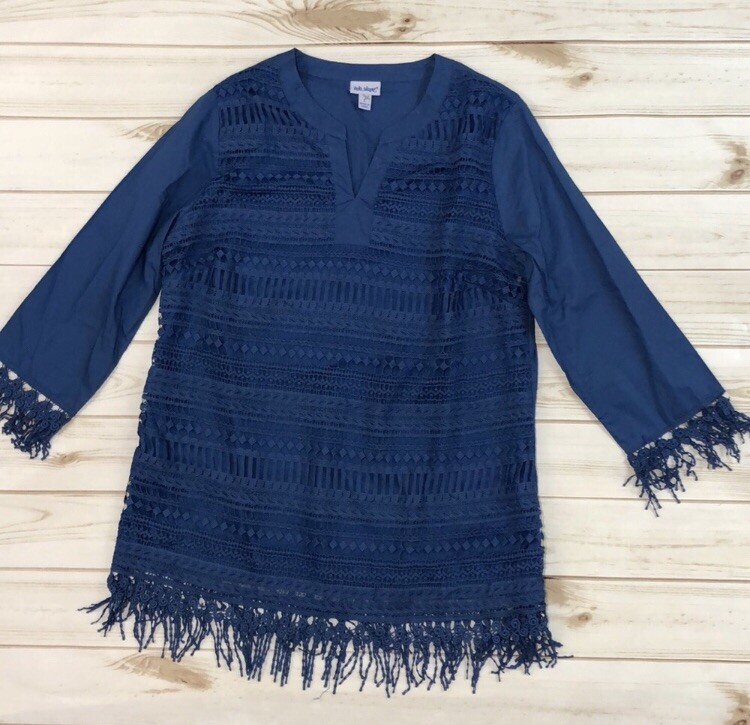 Vicki Wayne Blue Embroidered Fringe Tunic Top Size La… - Gem