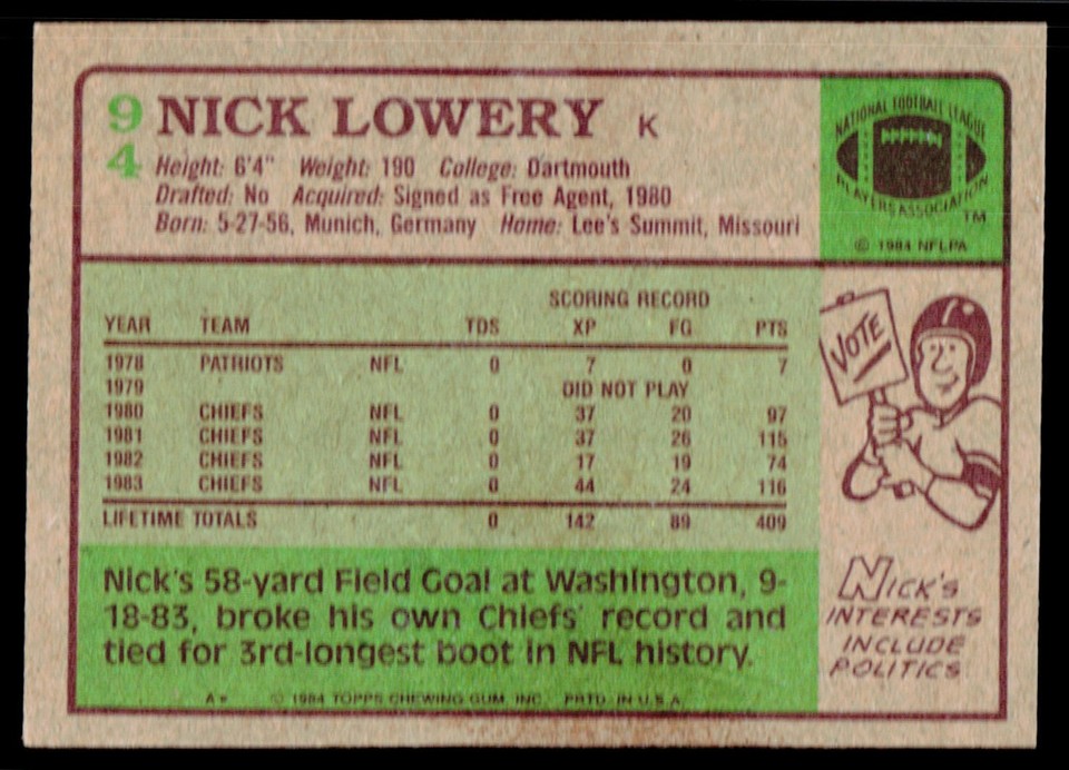 Nick Lowery, 1984 Topps, #94, Kansas City Chiefs, | eBay