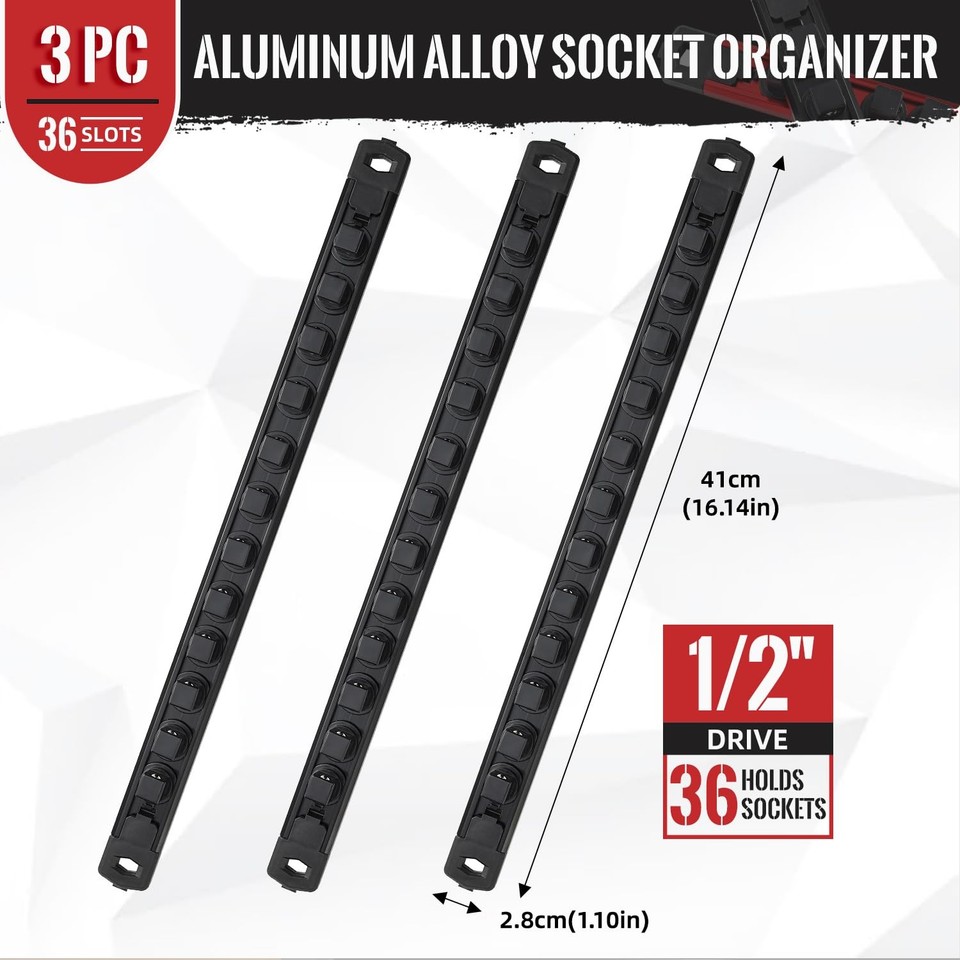 Magnetic Socket Organizer, 3-Piece Heavty Duty Aluminum Socket Holder ...