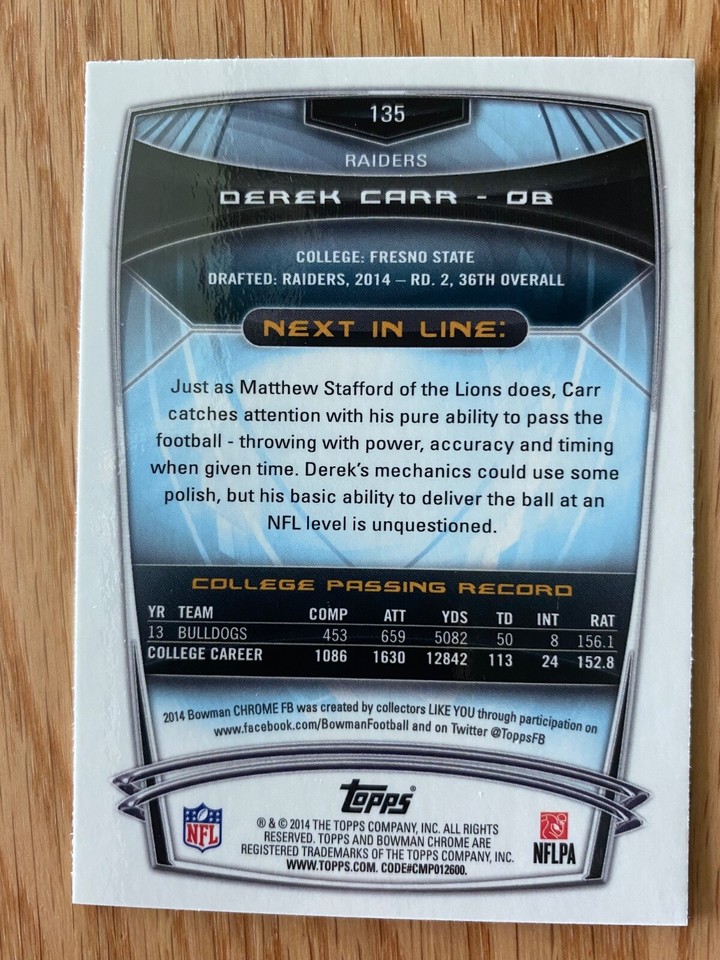 2014 TOPPS CHROME--DEREK CARR--ROOKIE CARD-**THE NFL OVERTIME KING OF ...
