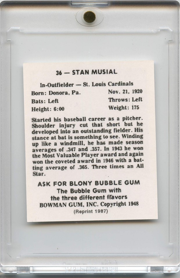 Stan Musial 1948 Bowman RC Rookie Card 1987 Reprint In-Person Autograph ...