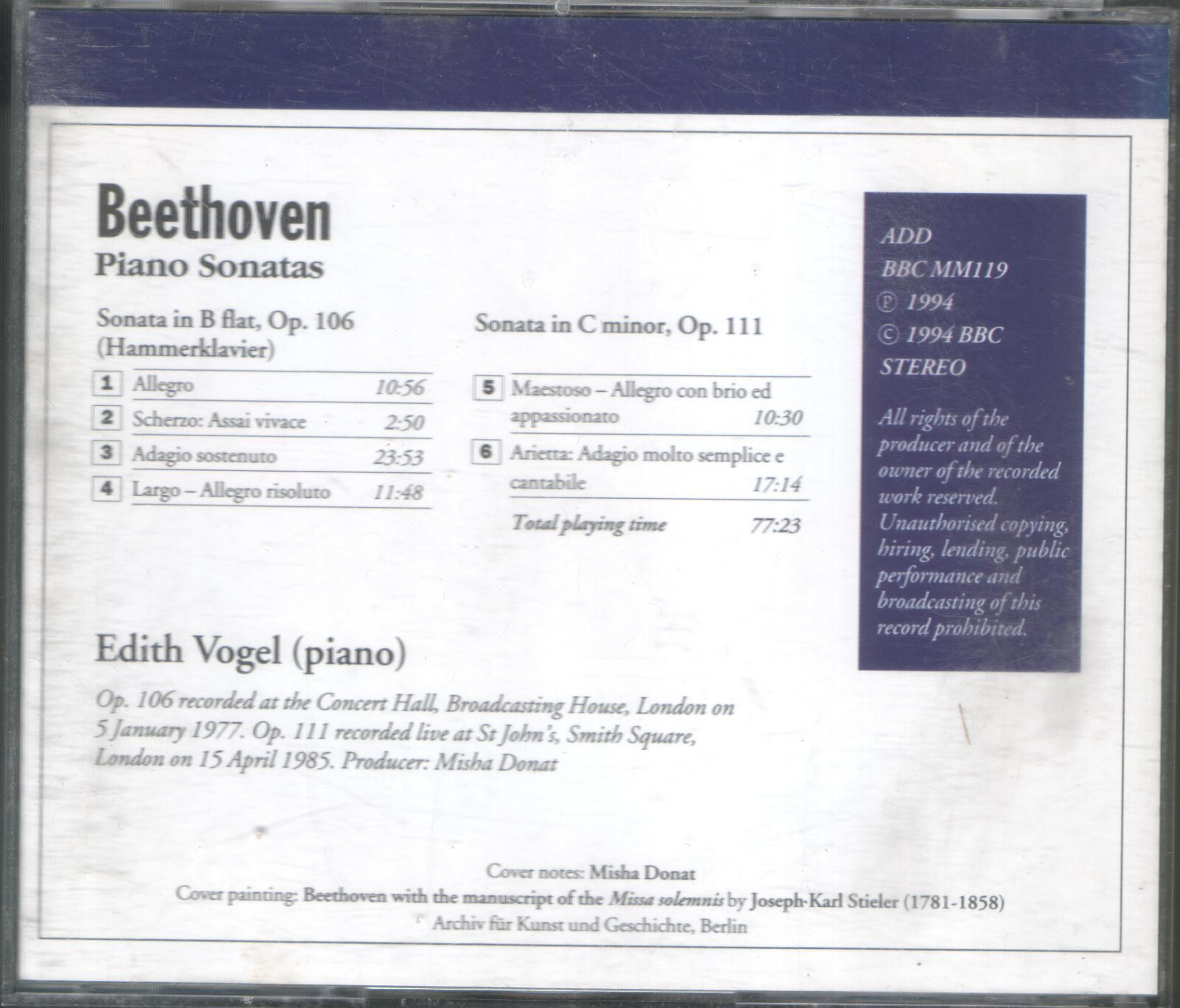 BEETHOVEN: PIANO SONATAS, OP 106: HAMMERKLAVIER & 111 - EDITH VOGEL ...