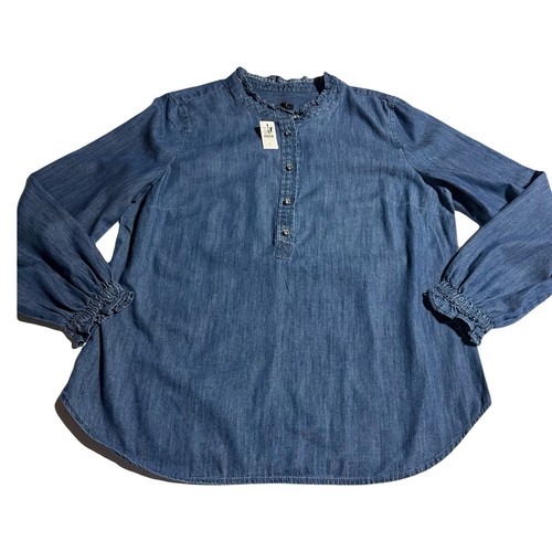 Talbots Womens Denim Chambray Blouse Size L Popover Top Rhinestone Buttons NWT | eBay