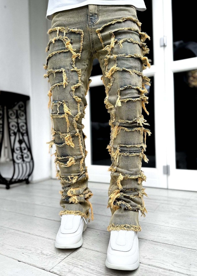 Men's Stacked Jeans with Ripped Details and Individual Patches, Long ...