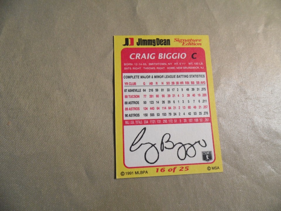 1991 Jimmy Dean Signature Edition Craig Biggio / Card # 16 / Free USA ...