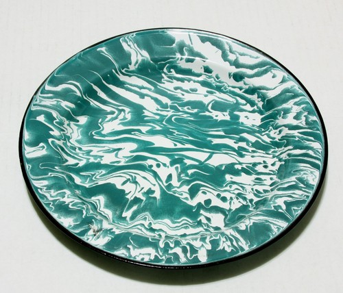 Enamelware Pie Pan Plate Green & White Splatter Swirl Farmhouse 10 ...