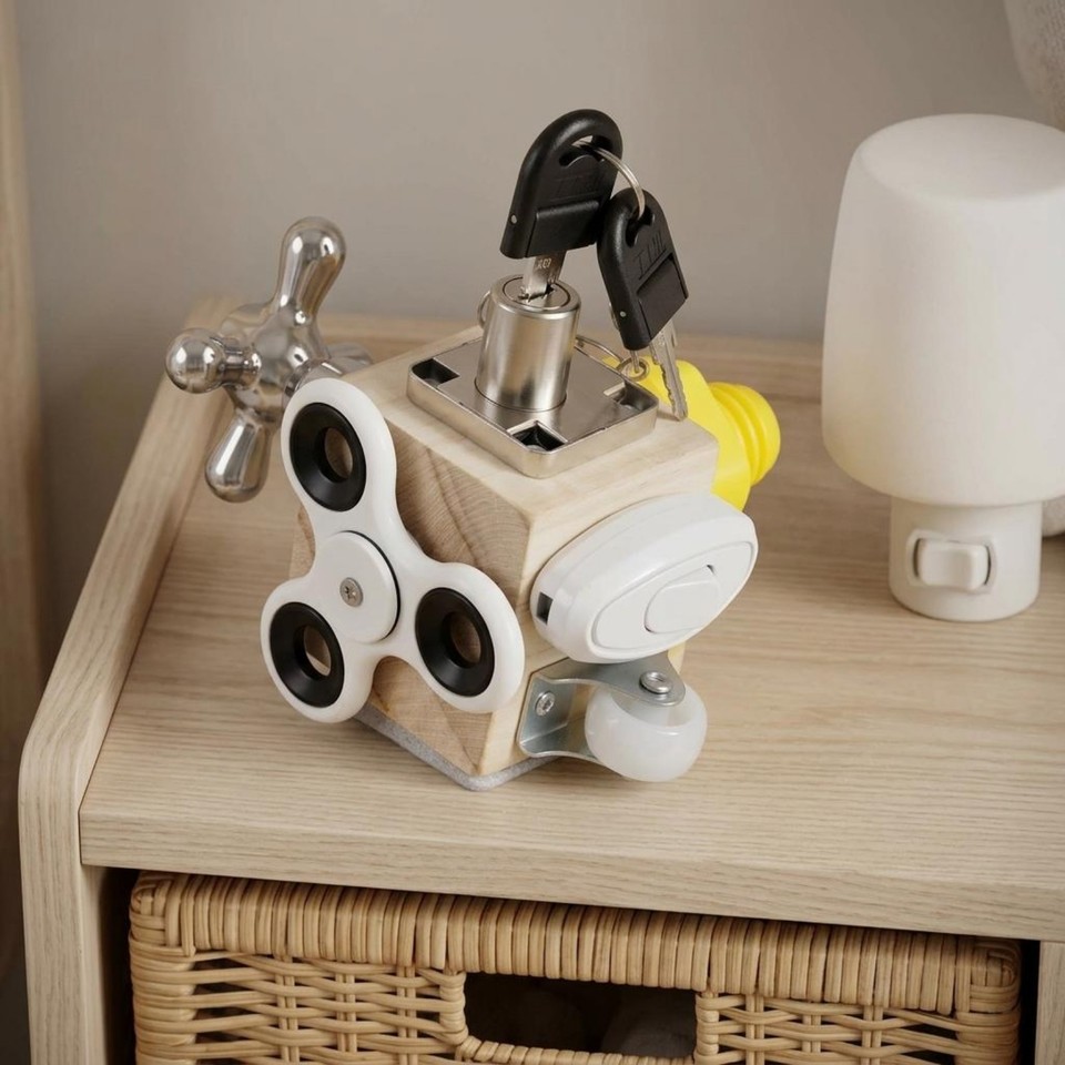 Wooden Busy Cube Safe Rounded Edges Key and Lock Toy Fine Movement ...