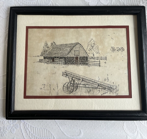 Vintage Stone Barn Wagon Wheel Lithography Signed Everson Rural 15x12 ...