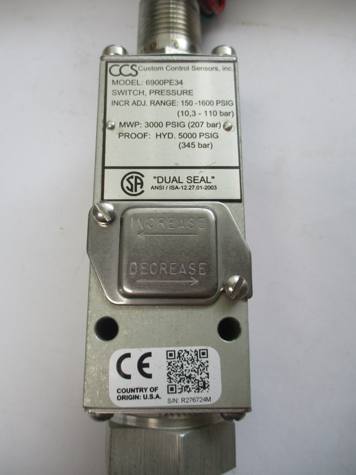 CUSTOM CONTROL SENSOR MODEL# 6900PE34 PRESSURE SWITCH, INCR ADJ RANGE ...