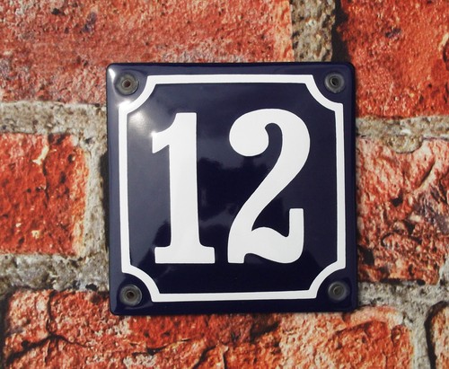 HOUSE NUMBER 12, FRENCH ENAMEL SIGN. WHITE No. 12 ON A BLUE BACKGROUND ...