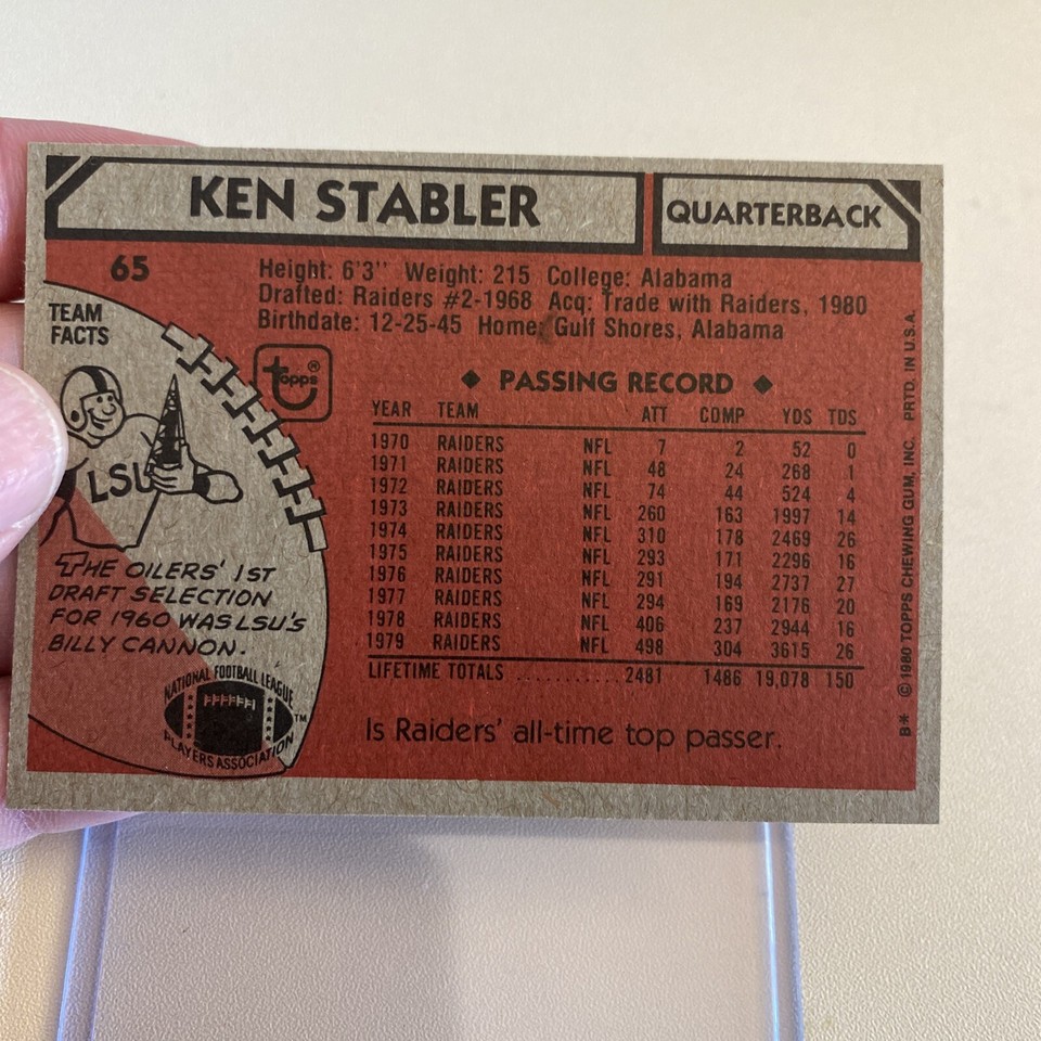 Ken Stabler 1980 Topps #65 Oakland Raiders Alabama Houston Oilers Well ...