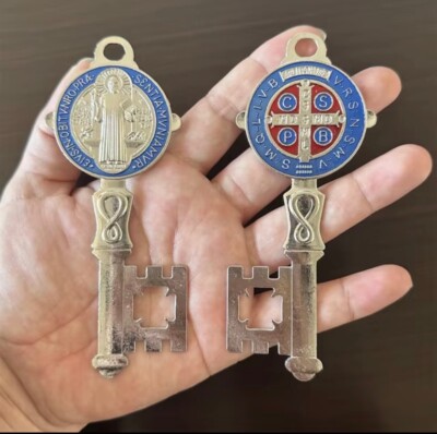 TWO (2) Large St BENEDICT Key To Heaven Medal 5” Silver Llave de San ...