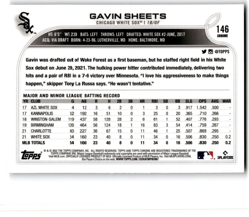 2022 Topps Chrome Gavin Sheets Rookie Chicago White Sox #146 | eBay