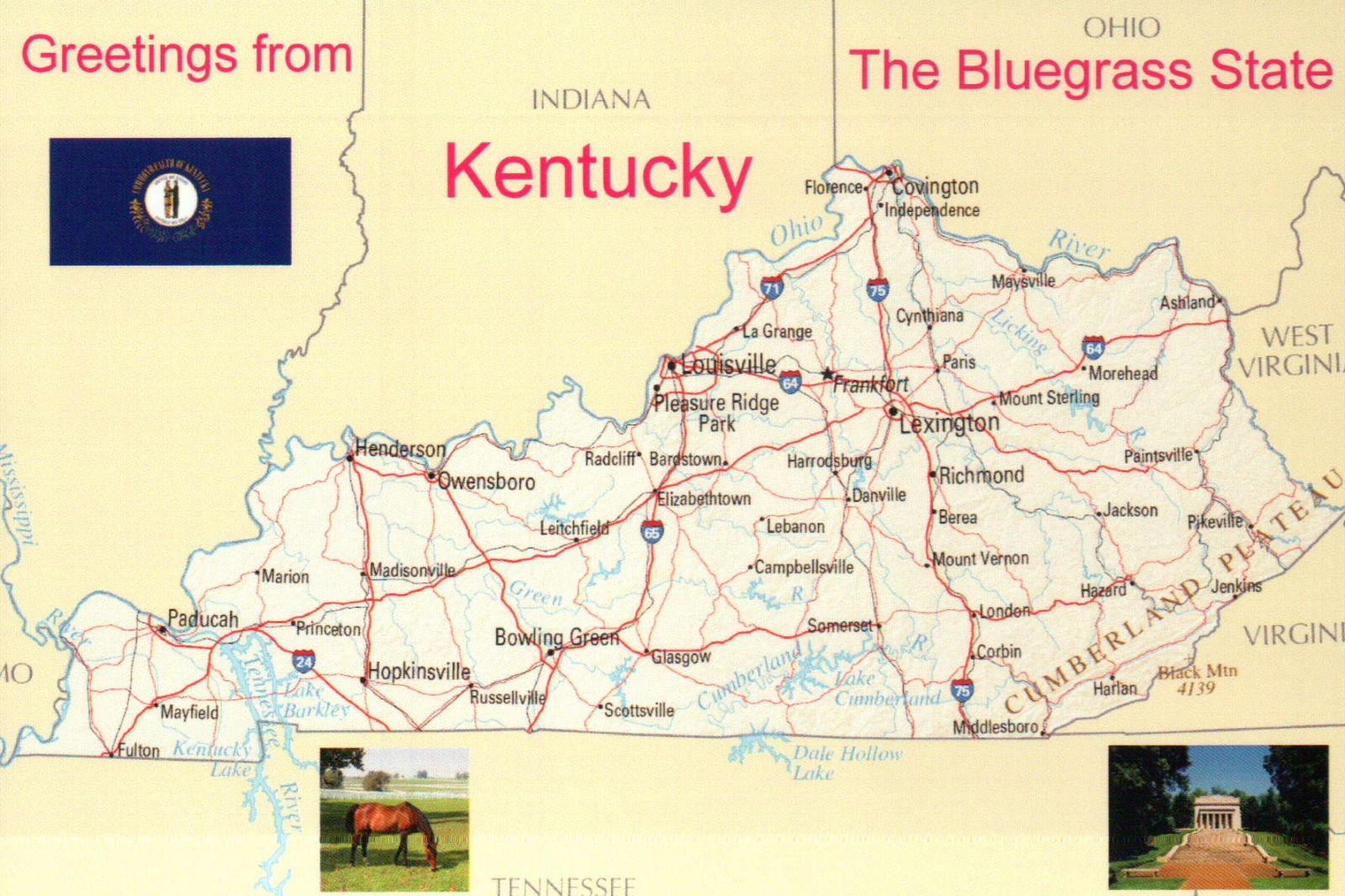 Greetings from Kentucky Bluegrass State, Horse Flag Lexington etc, Map ...