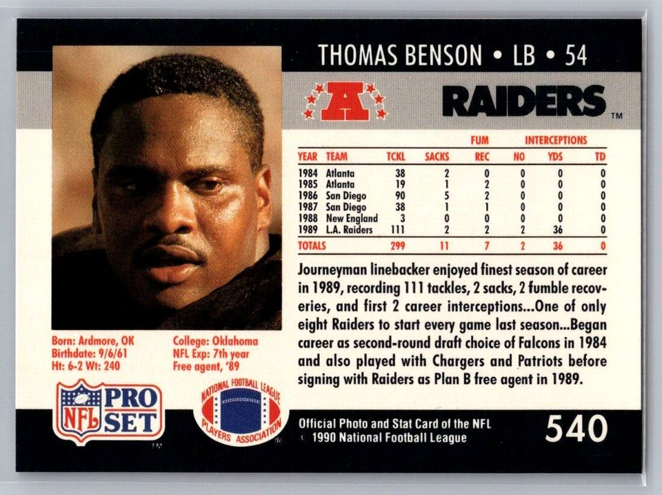 1990 Pro Set Series 2 - Thomas Benson - Los Angeles Raiders - Base ...