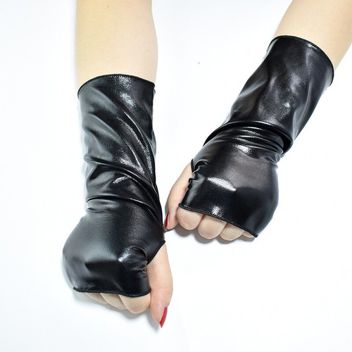 Faux Leather Half Finger Mittens Over Wrist Long Fingerless Gloves ...