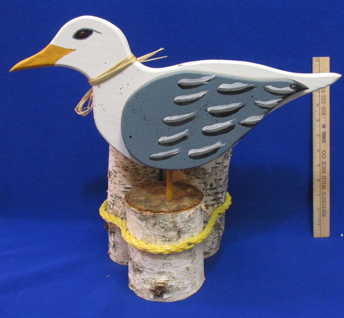 Nautical Decor Wood Seagull Perched On Birch Wood Pilings w/ Yellow ...