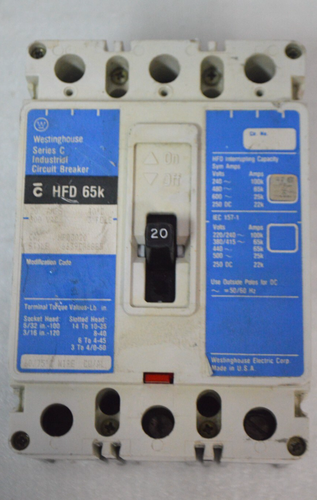 WESTINGHOUSE HFD3020 SER C 20A 3P 600VAC HFD 65K Circuit Breaker | eBay