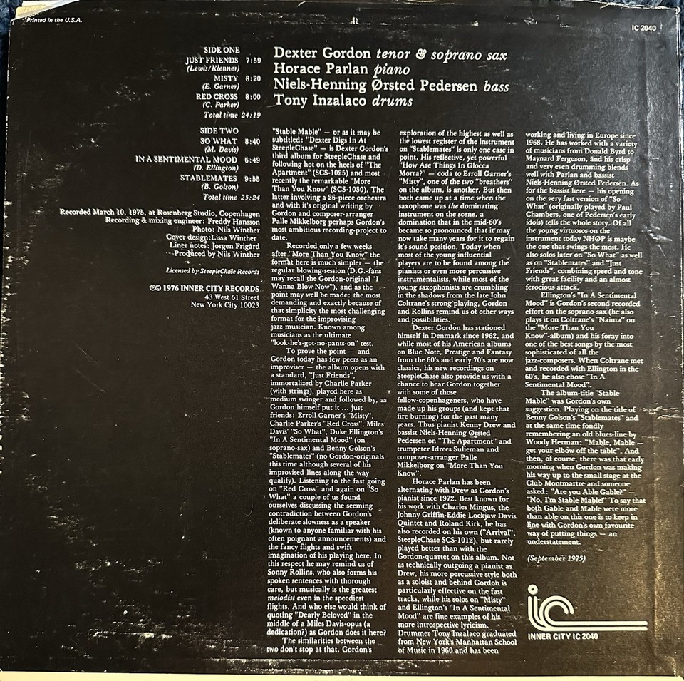 Dexter Gordon Quartet - Stable Mable LP Inner City 1976 IC 2040 Jazz ...
