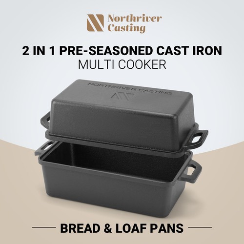 2 in 1 Cast Iron Bread Pan with Lid, Loaf Pans 2 Piece Set for Baking ...