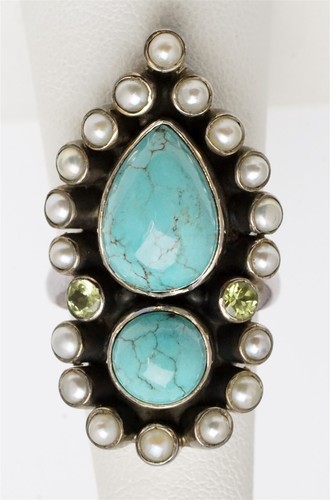 NICKY BUTLER India 925 Sterling Silver Ring Turquoise, Pearl, Peridot ...