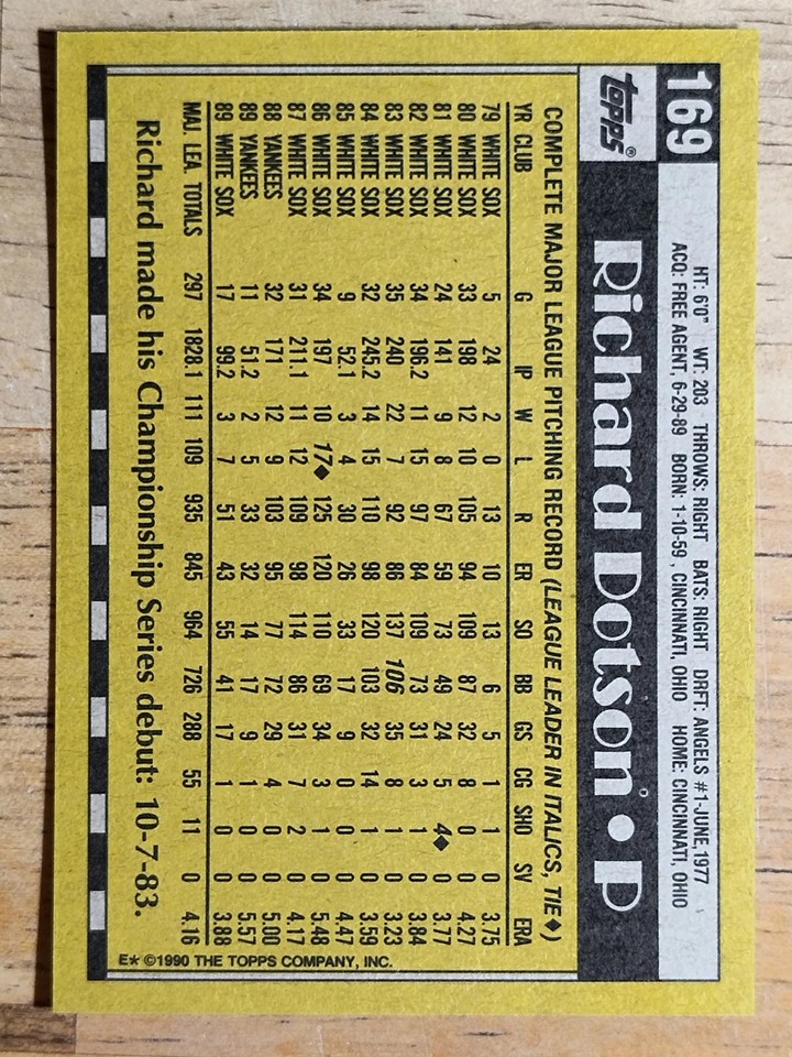 1990 Topps #169 Richard Dotson | eBay