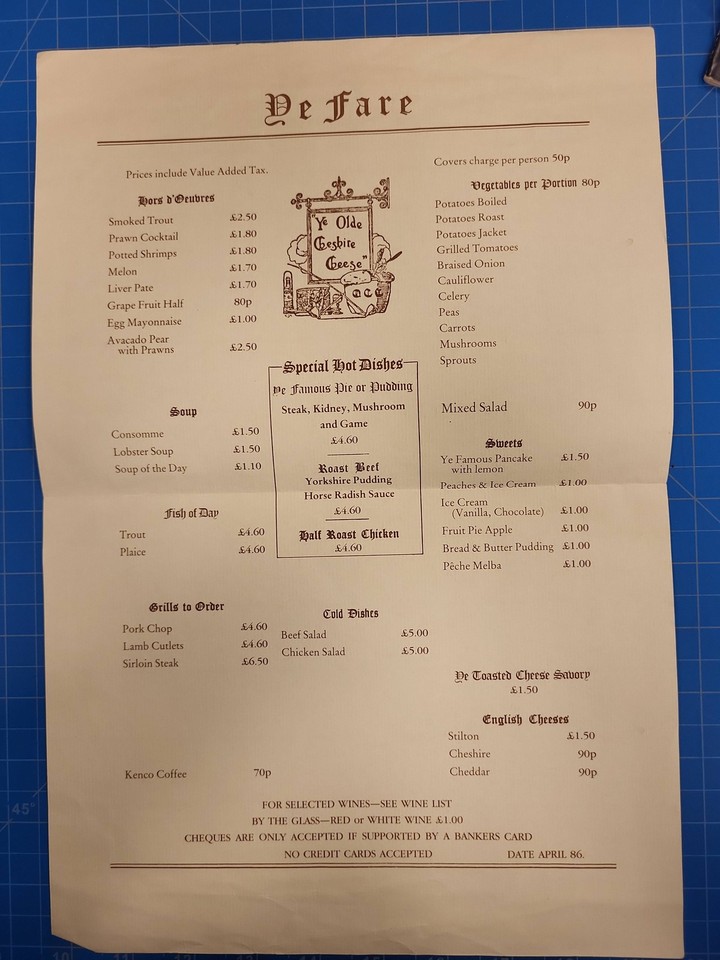 Ye Olde Cheshire Cheese AD 1667 Bill of Fare April 1986 London ...