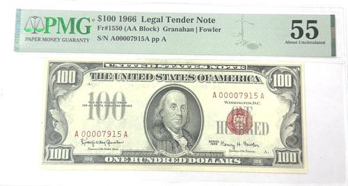 $100 1966 Legal Tender Note AU55 PMG Fr# 1550 (AA Block) Granahan ...