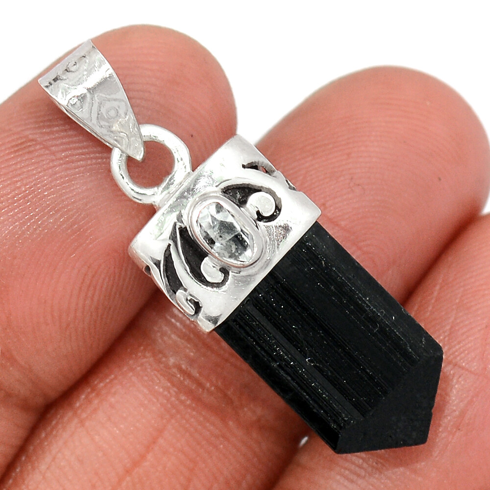 Natural Black Kyanite & Herkimer Diamond 925 Silver Pendant XA14 ...