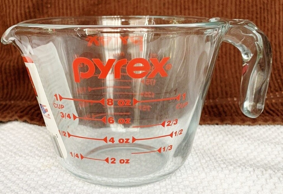 PYREX- Prepware 1-cup Measuring Cup- Red Graphics- Clear Open Handle ...
