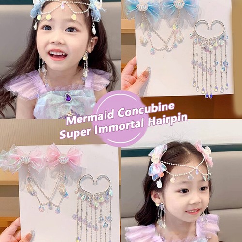 Children Mermaid Princess Pearl Fringe Bow Forehead Chain Hairpin Fairy ...