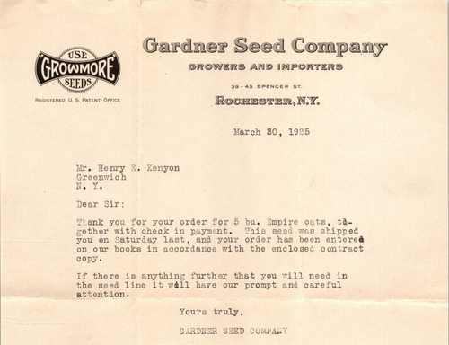 Gardner Seed Co Rochester NY 1925 Letterhead Growmore Seeds | eBay
