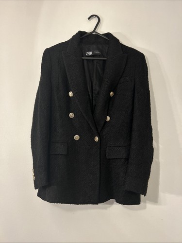 ZARA BLACK TEXTURED BOUCLE WOVEN FITTED BLAZER JACKET SIZE M MEDIUM 8 ...