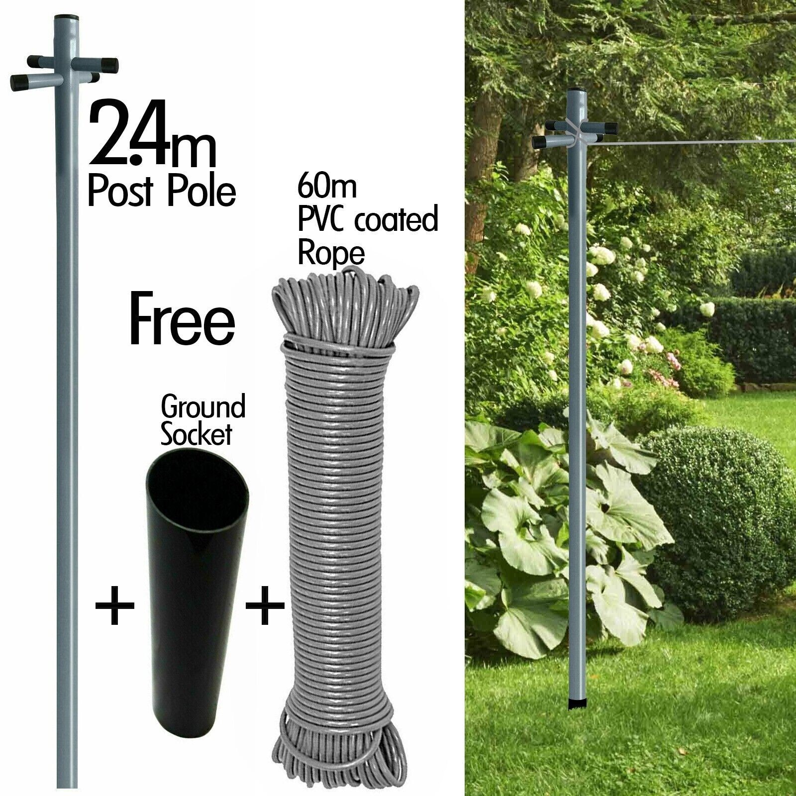 Durable 2.4M Clothes Line Post with 60m Rope & Socket - Outdoor Laundry ...