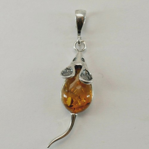 Natural, Cognac / Brown BALTIC AMBER Mouse Pendant 925 STERLING SILVER ...
