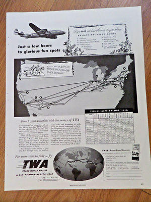 1948 TWA Airlines Ad Typical Elapsed Flying Times Vacation Lands | eBay